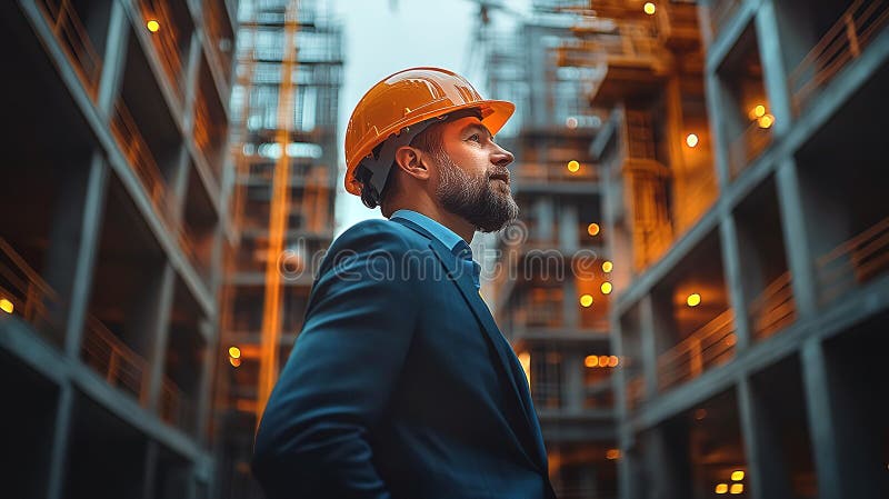 Construction Site Engineer Looking Up at Hight Rising Building with ...