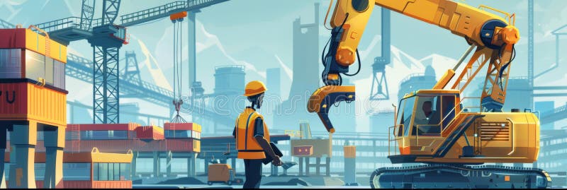 Construction Site with Engineer Supervising Robotic Arm in Heavy ...