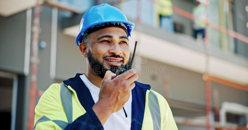 Construction Site, Engineering and Man with Radio, Architecture and Building Development ...