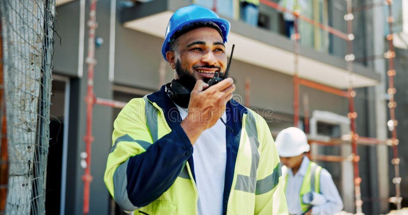Construction Site, Engineering and Man with Radio, Conversation and Building Development ...