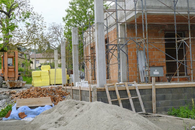 Construction Site with Equipment and Building. House in Construction ...