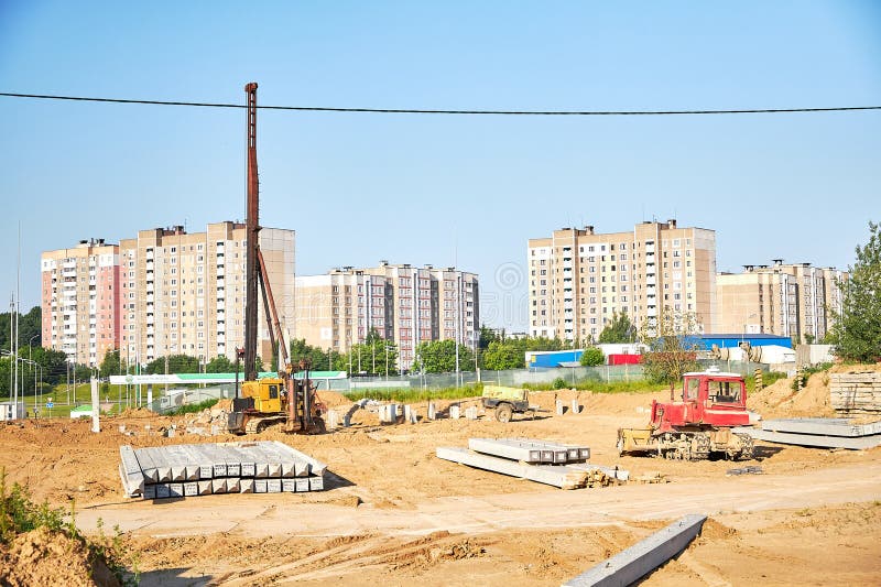 Construction Site.Equipment for Installing Piles in the Ground, a Heavy ...