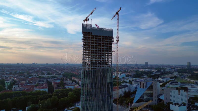 Berlin Estrel Tower Under Construction. Amazing Aerial View Flight ...