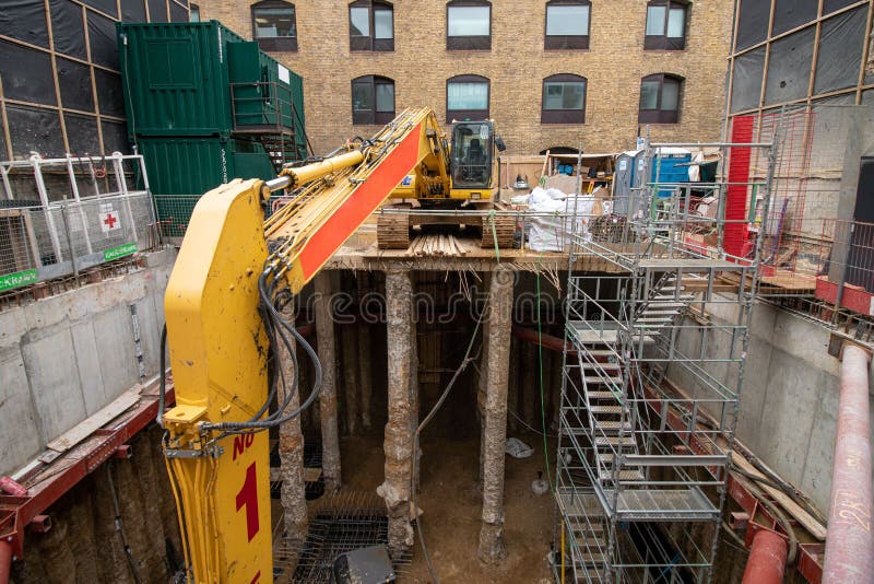 Construction Site Excavation with Temporary Propping, Concrete Piles ...