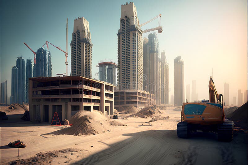 Construction Site with Excavator and Building Under Construction. 3d ...