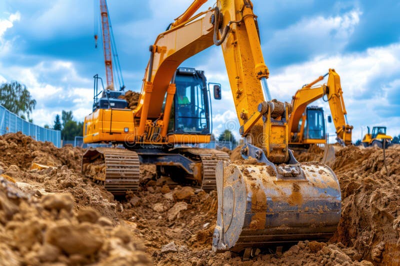 Construction Site Excavator Digging Trench, Detailed Outline of ...