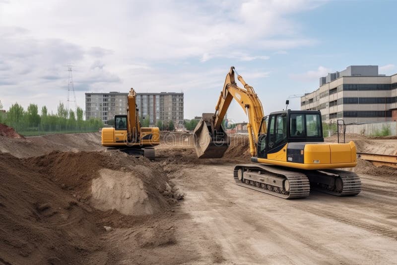 Construction Site with Excavator and Dump Truck Working Side by Side ...