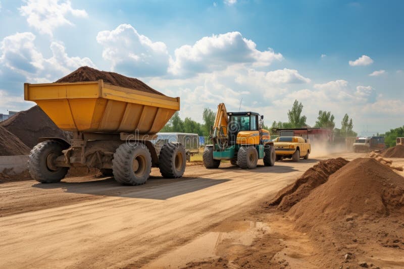 Construction Site with Excavator Loading Dump Truck with Dirt Stock ...