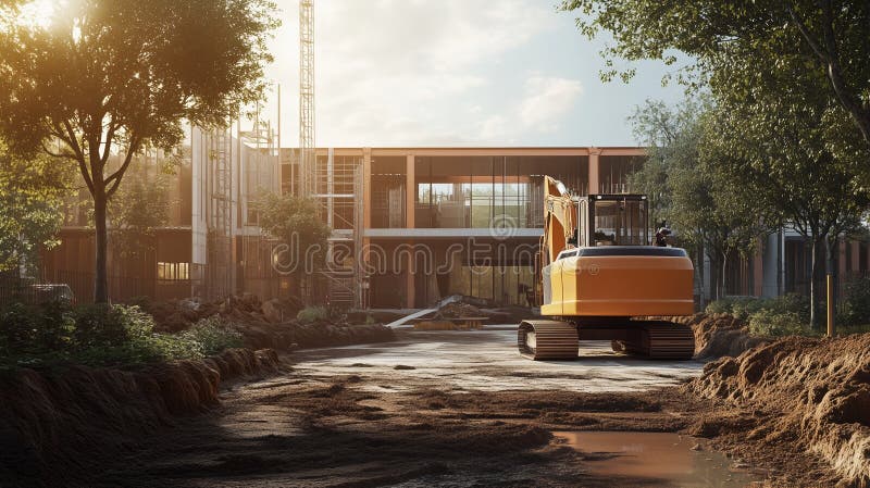 Construction Site with Excavator Working on a Building Project during ...