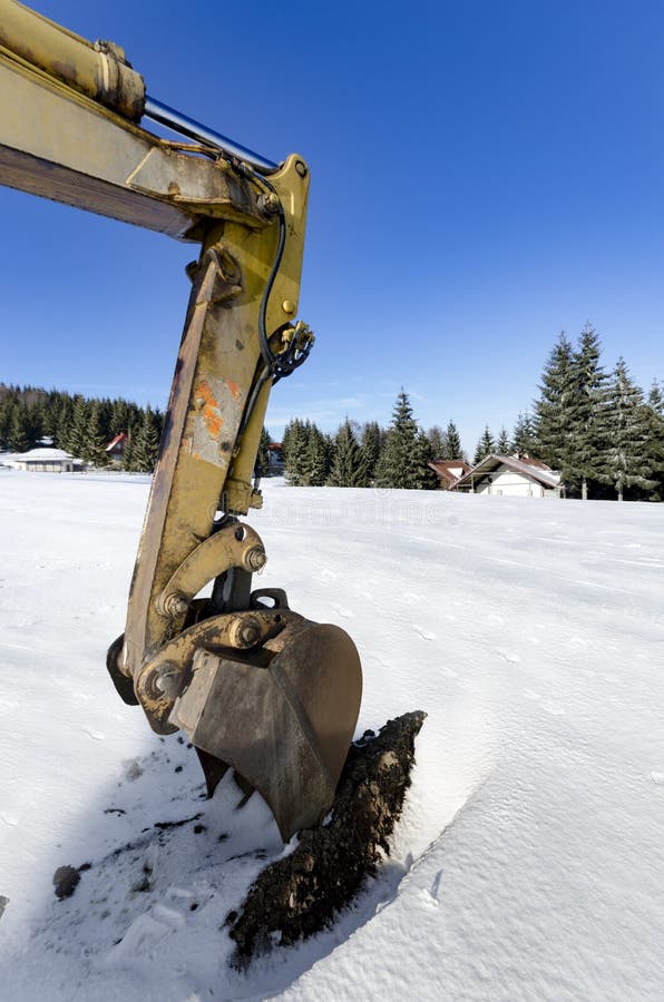 Construction Site Excavator Working on Snow Stock Image - Image of ...