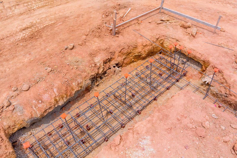 Construction Site Features Foundation Reinforcement with Rebar Laid in ...