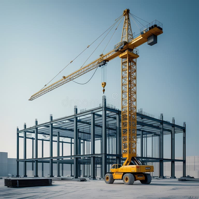 A Construction Site Features a Large Yellow Tower Crane Lifting ...