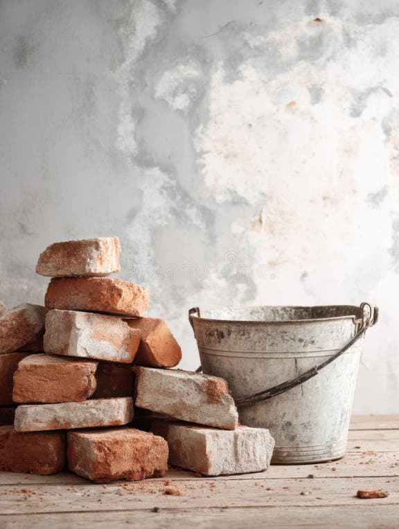 Construction Site Features a Stack of Bricks Alongside a Mortar Bucket ...