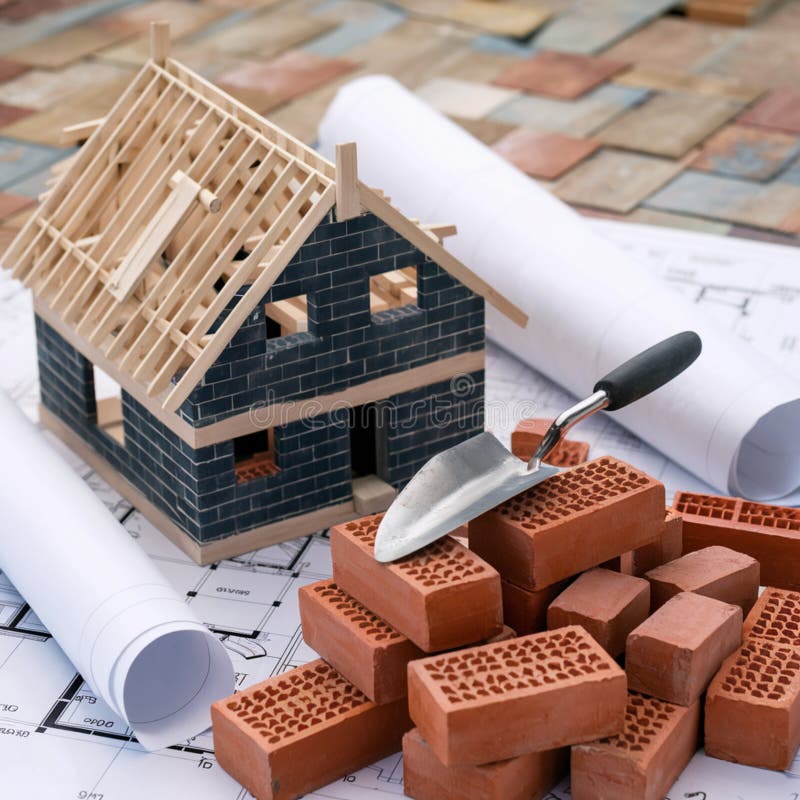 Construction Site Features Wooden Framework House, Bricks, Blueprints ...