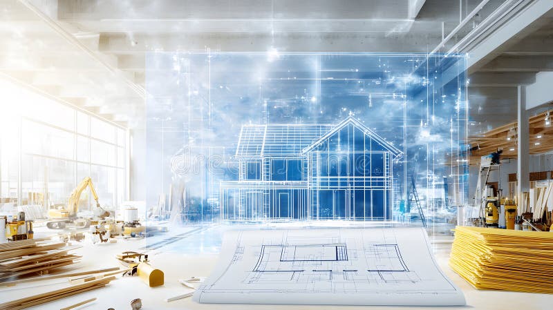 Construction Site Featuring Blueprints and 3D House Model, Showcasing ...
