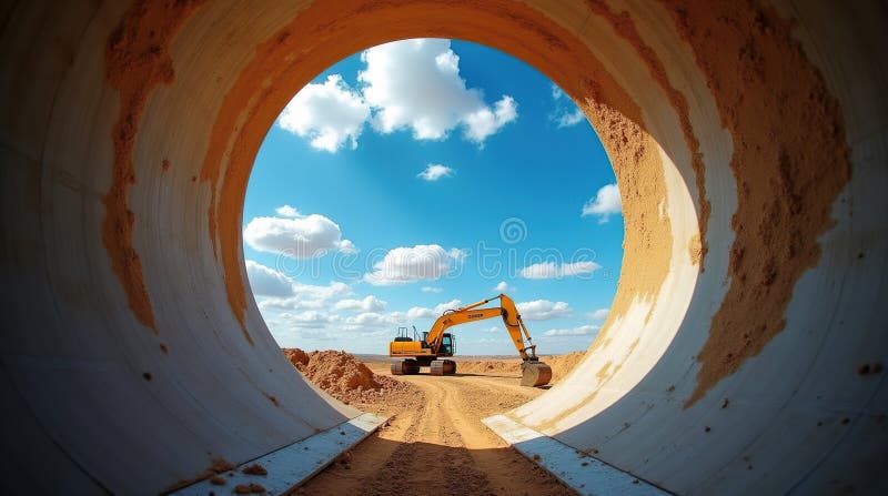 Dramatic Construction Scene Framed through Large Metal Pipe with Clear ...