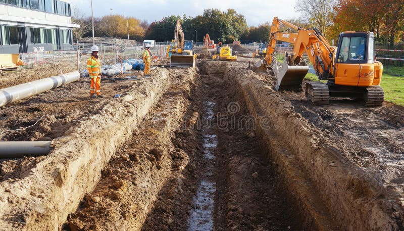Construction Workers Supervising Excavator Digging Trench for Pipeline ...