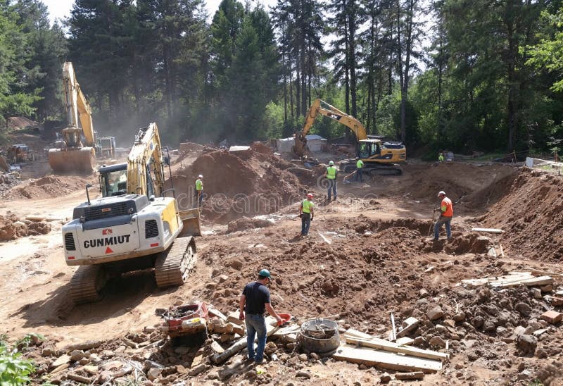 Construction Site Featuring Heavy Machinery and Workers Engaged in ...