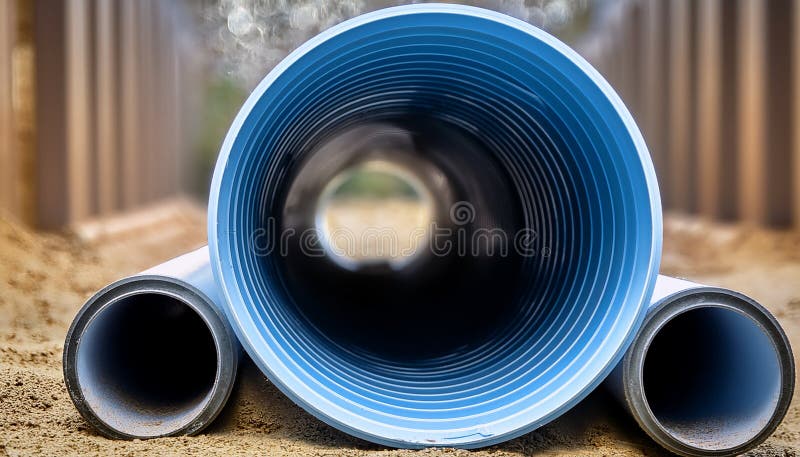 Construction Site Featuring Large Blue Drainage Pipes on a Sandy ...