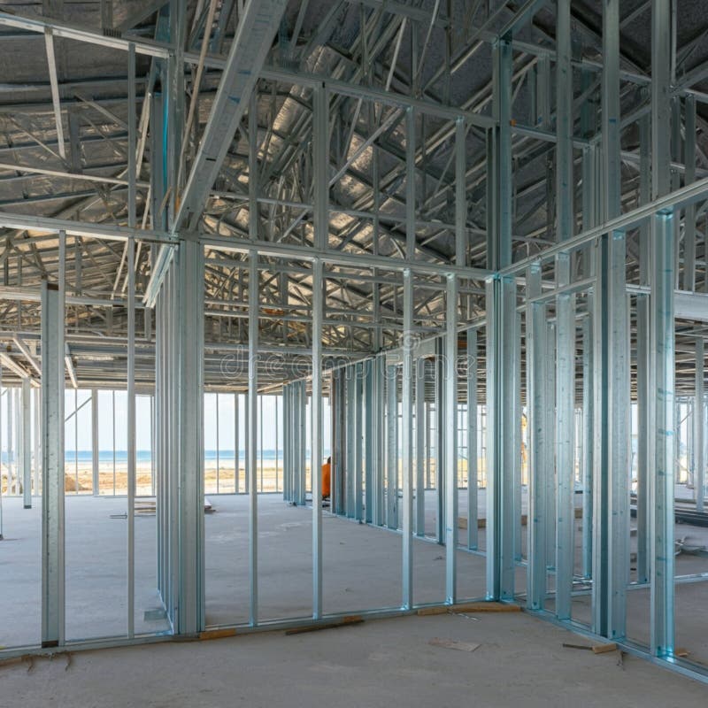 Construction Site Featuring Metal Stud Framing for a Building Under ...
