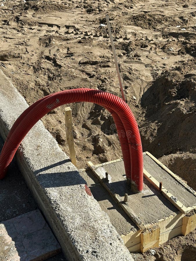 Construction Site with Red Corrugated Electrical Conduit Stock Image ...