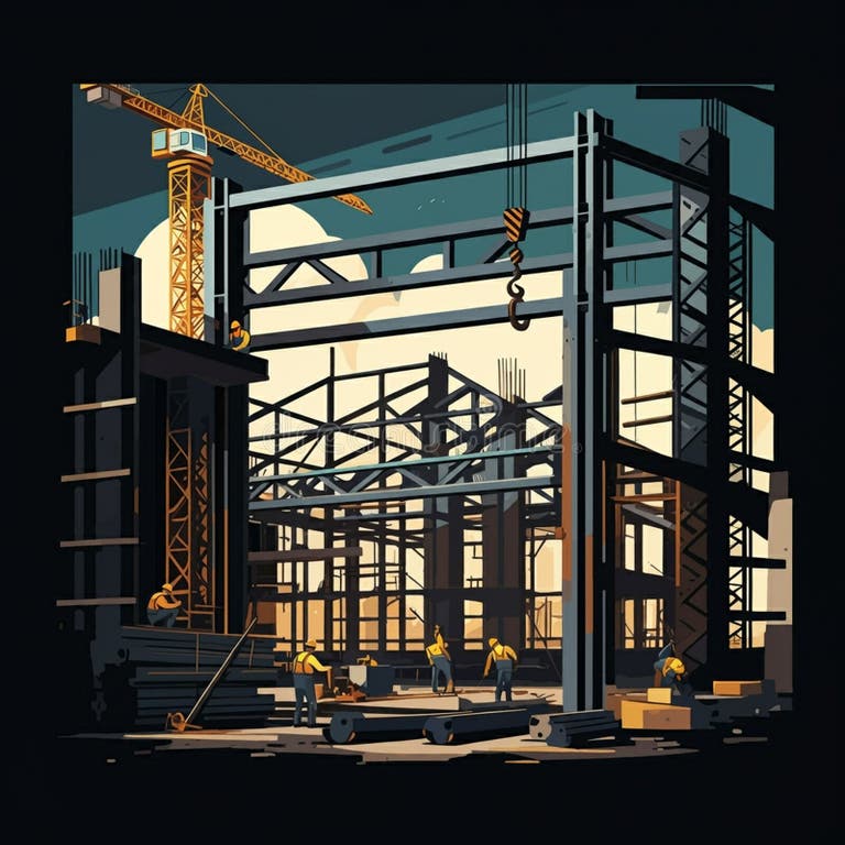 Construction Site Featuring a Structural Steel Framework, with Several ...