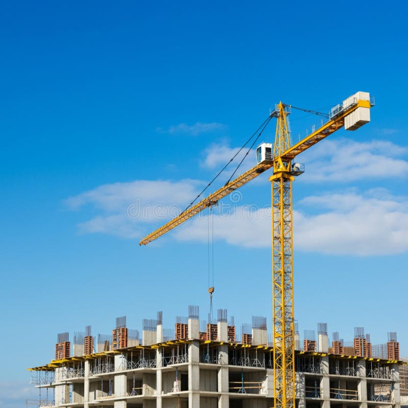 Construction Site Featuring a Tall Yellow Tower Crane Above a Partially ...