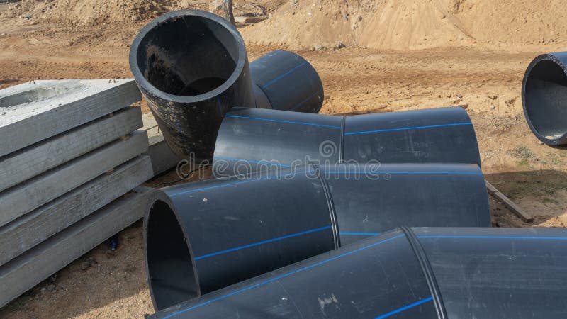 Construction Site Featuring Various Diameters of Polyethylene Pipes for ...