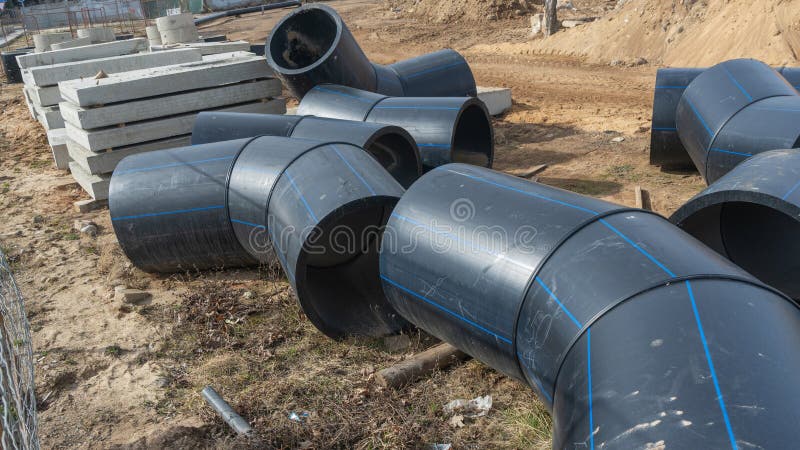 Construction Site Featuring Various Diameters of Polyethylene Pipes for ...