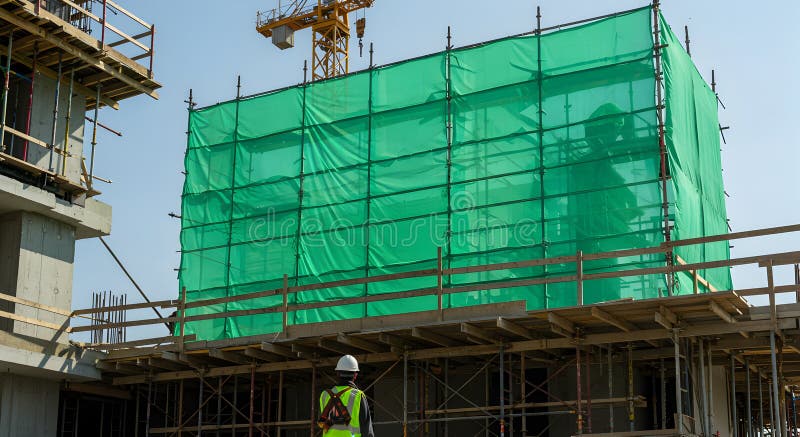 Construction Site Featuring a Worker Amidst Scaffolding and Safety ...