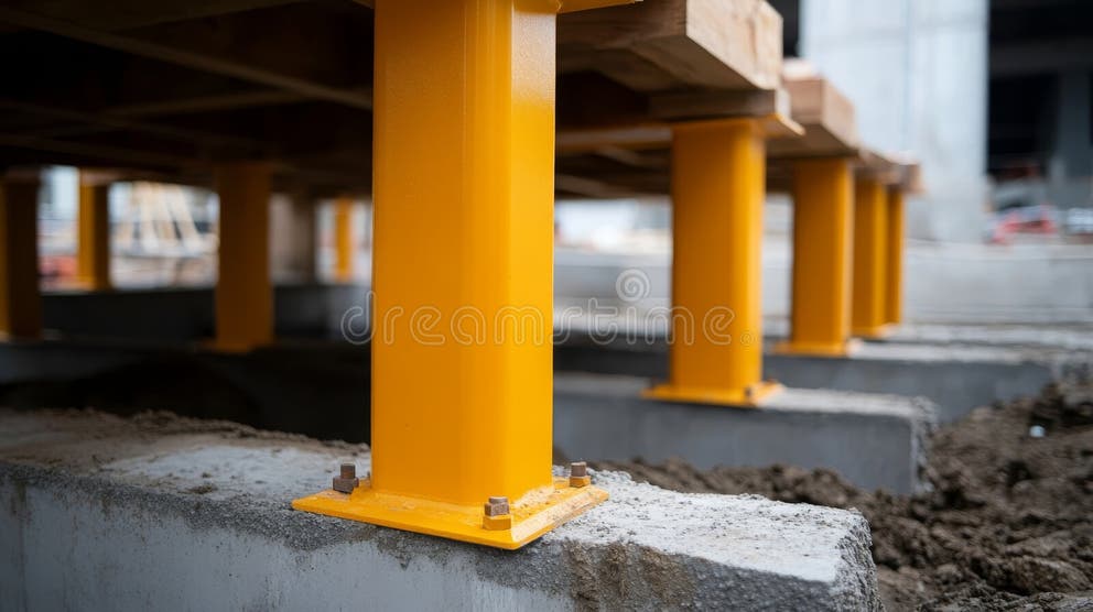 Construction Site Featuring Yellow Support Columns on Foundation at ...