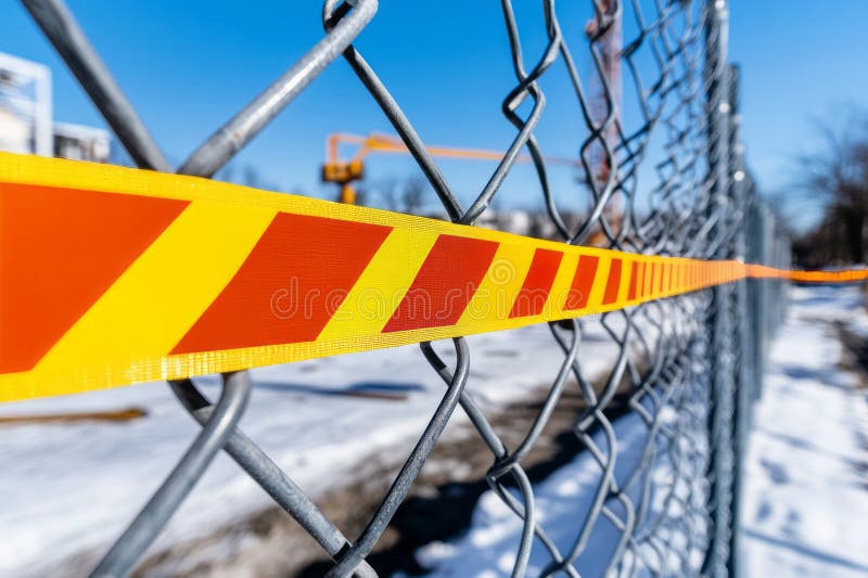 A Construction Site Fence with Bright Caution Tape Stretched between ...