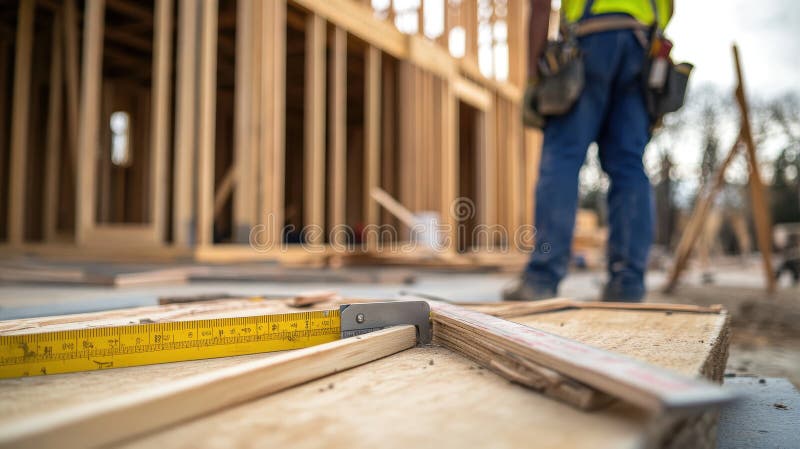 A Construction Site with a Focus on Measuring Tools and a Worker in the ...