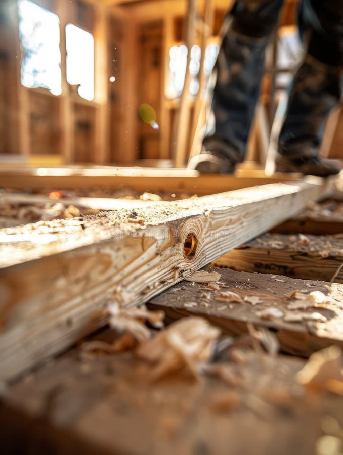 A Construction Site with a Focus on Wooden Beams and Carpenter S Feet ...