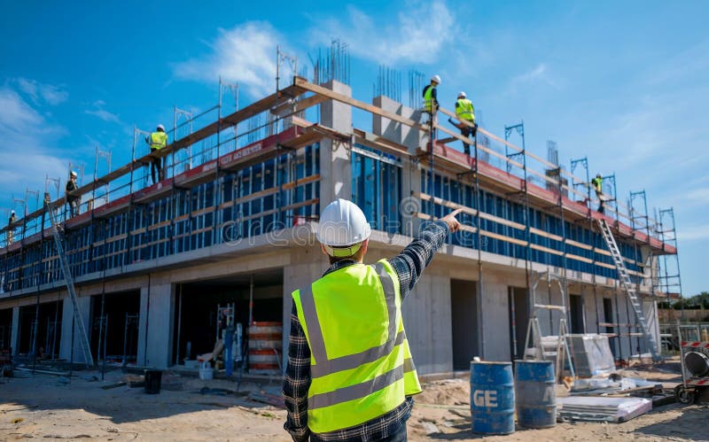 Construction Site Foreman Supervising Workers on a Building Project Stock Illustration ...
