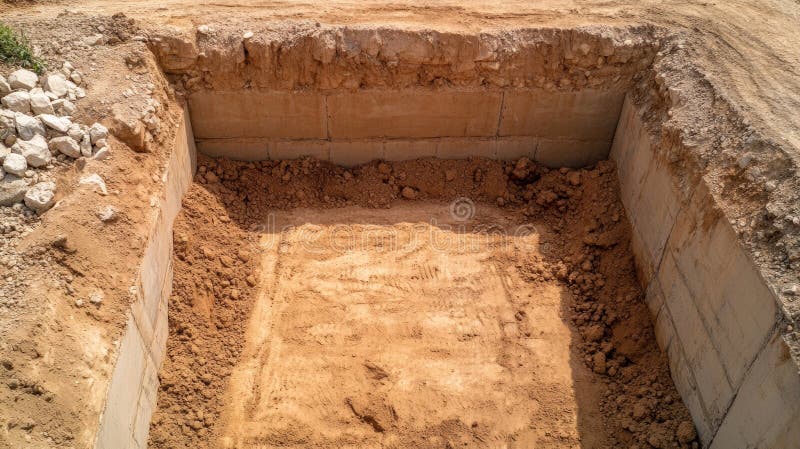 Construction Site Foundation with Concrete Blocks, Sand, and Excavated ...