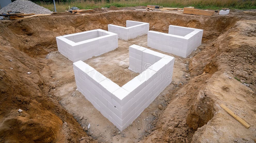 Construction Site Foundation Layout Featuring White Concrete Blocks in ...