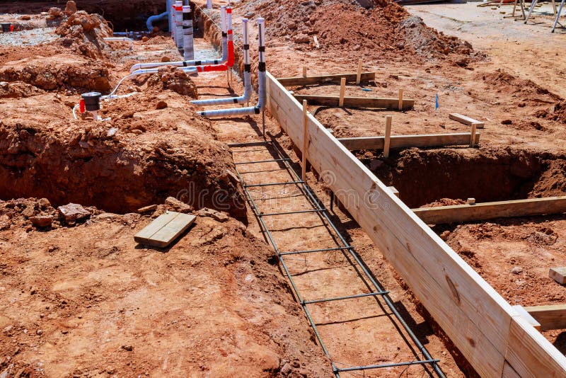 Construction Site with Foundation Work Underway Showing Wooden Forms ...
