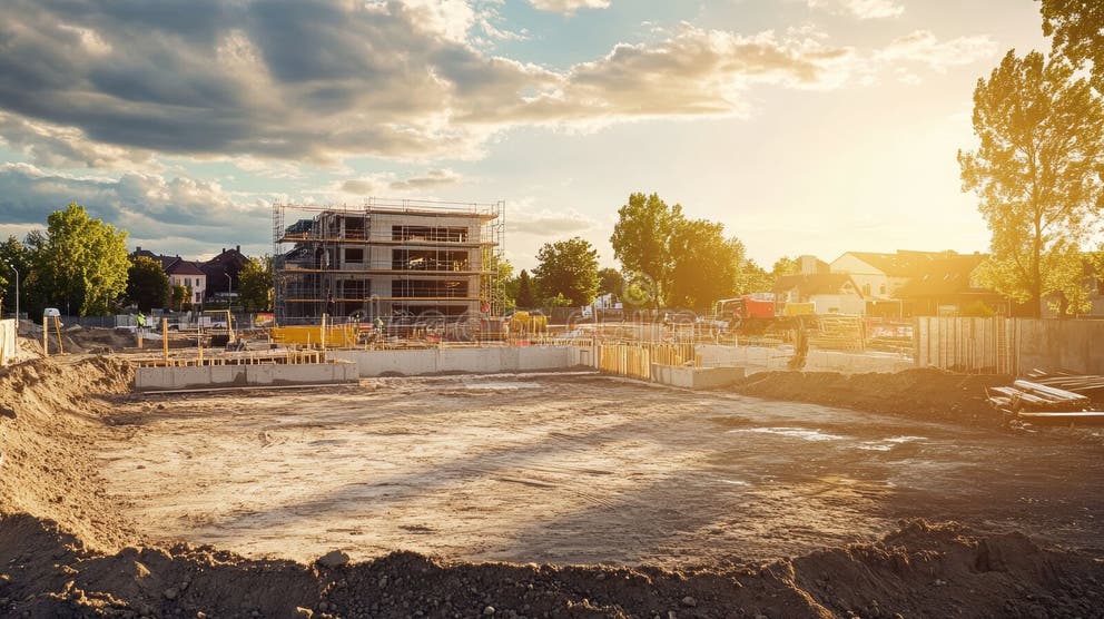 Construction Site with Foundations and Building Framework Under Sunset ...