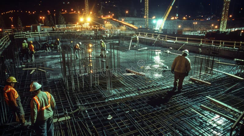 A Construction Site Glows in the Night the Workers Reflective Gear ...