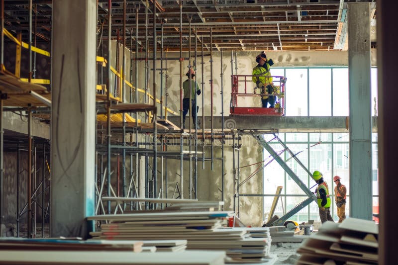 Construction Site with a Group of Workers Installing Drywall in a New ...