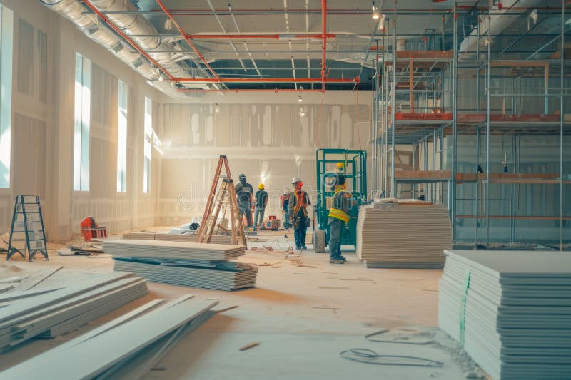 Construction Site with a Group of Workers Installing Drywall in a New ...