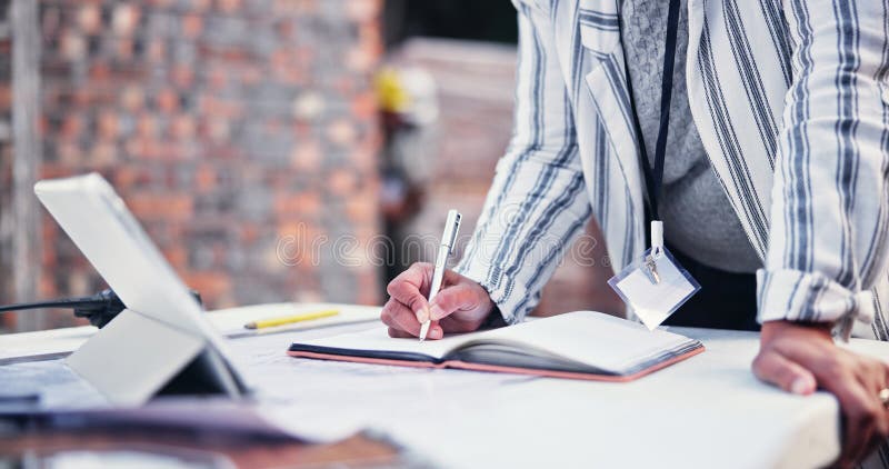 Construction Site, Hands and Notebook for Floor Plan, Blueprint and ...