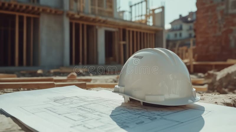 Construction Site with Hard Hat and Blueprints, Building in Progress Stock Photo - Image of ...