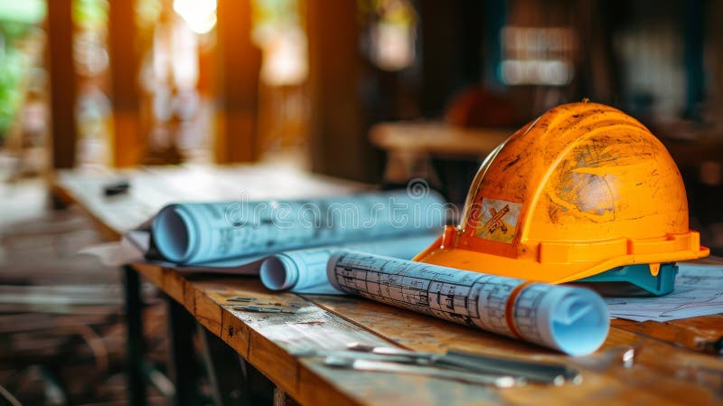 A Construction Site with a Hard Hat and Blueprints on a Table Stock ...