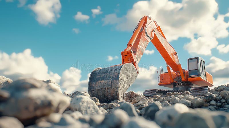 At a Construction Site, Heavy Excavators Dig at Industrial Progress ...