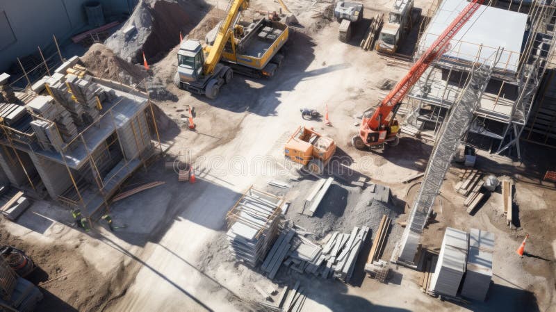 Construction Site with Heavy Machinery and Building Materials Stock ...