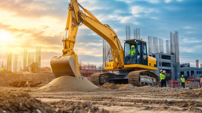 Construction Site with Heavy Machinery at Sunset Stock Image - Image of ...