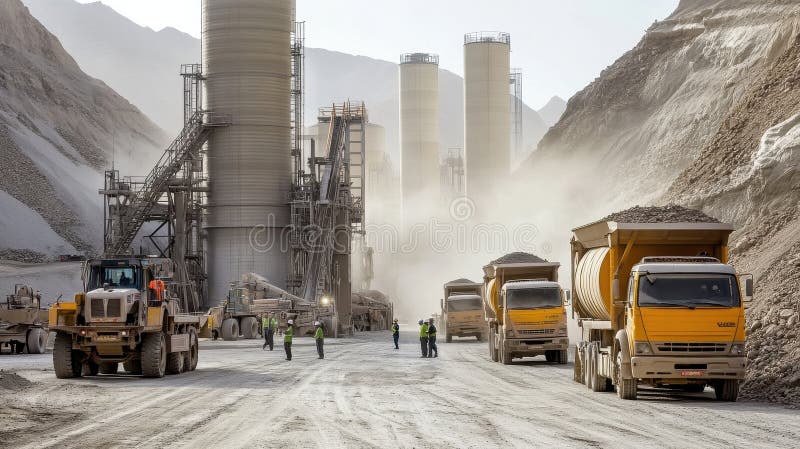 Construction Site with Heavy Machinery and Trucks Transporting ...