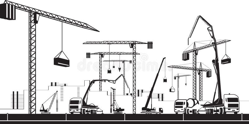 Construction Site with Heavy Machinery Stock Vector - Illustration of ...